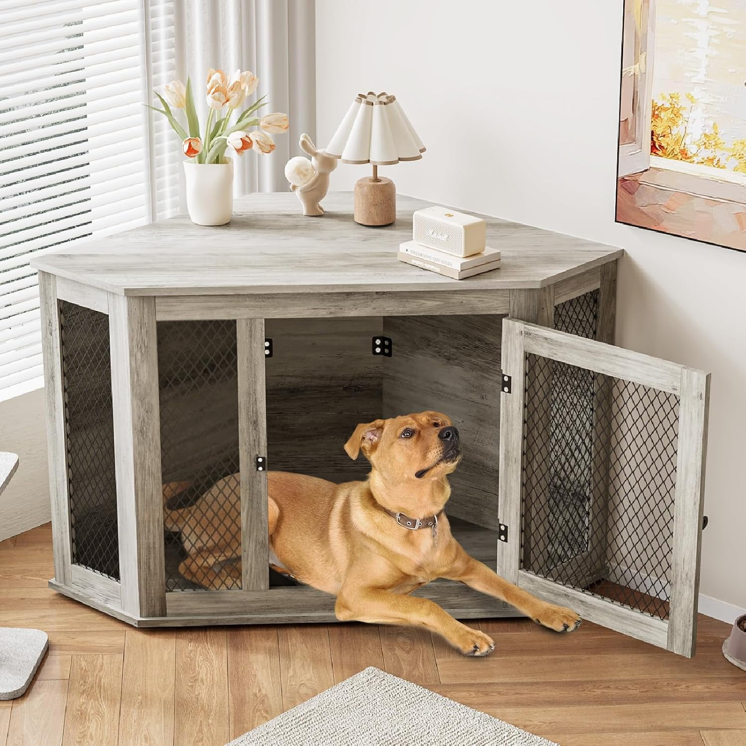 Corner Dog Crate Furniture, Wooden Dog Kennel End Table with Mesh ...