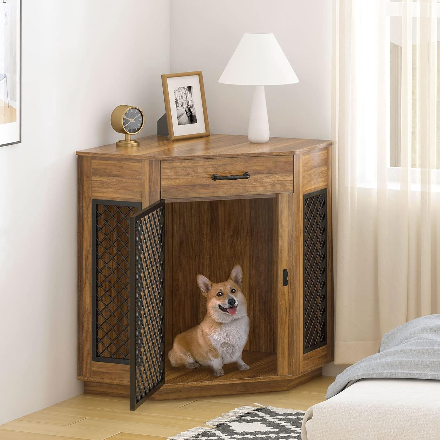 Corner Dog Crate Furniture for Small Medium Dogs, Wooden Dog Kennel ...