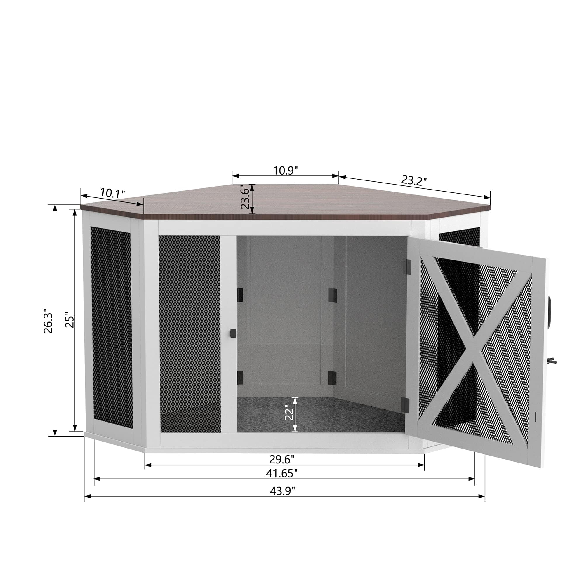 Corner Pet Crate Furniture for Dogs, Wooden Kennel End Table with Metal ...