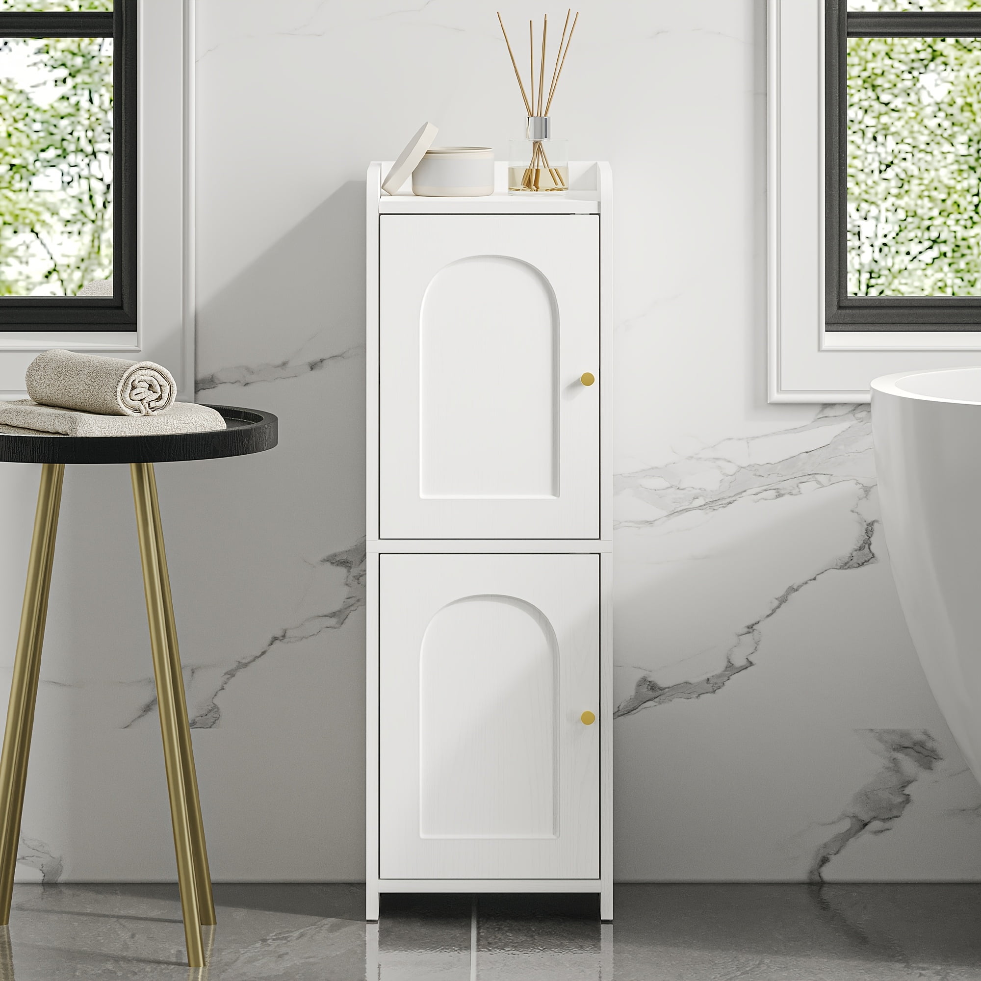 Corner Floor Cabinet with 2 Doors and Adjustable Shelves for Bathroom ...