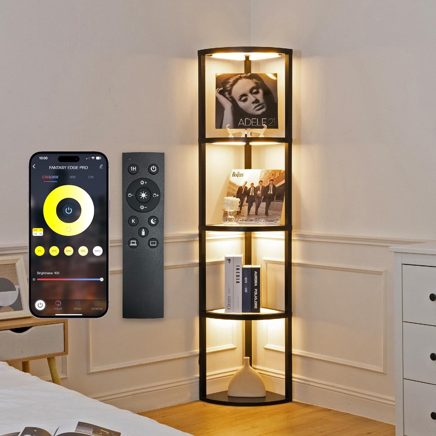 Corner Floor Lamp with Shelves, Dimmable LED Corner Shelf with Lights ...