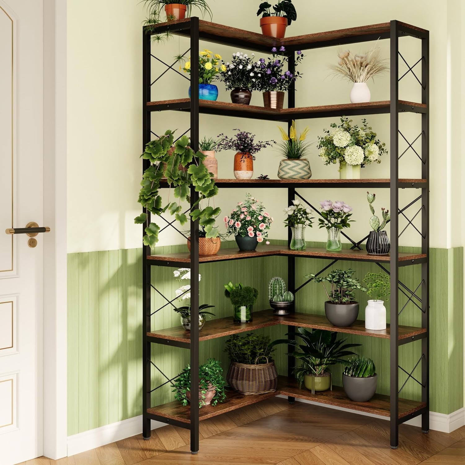 Corner Flower Rack 6-Tier Tall Wood Plant Stand, Large size Multi ...