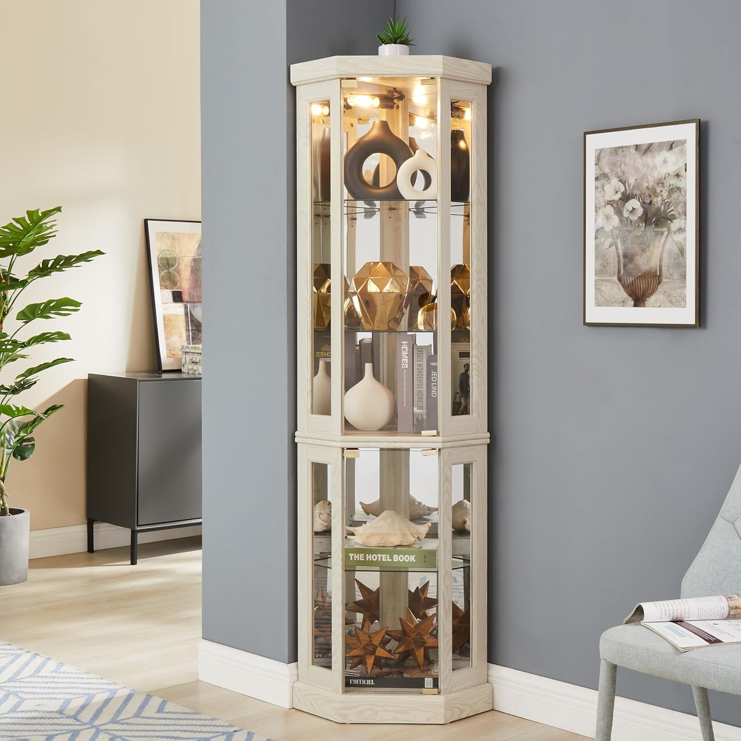 Corner Glass Cabinet – Lighted Curio Display Case with Adjustable ...