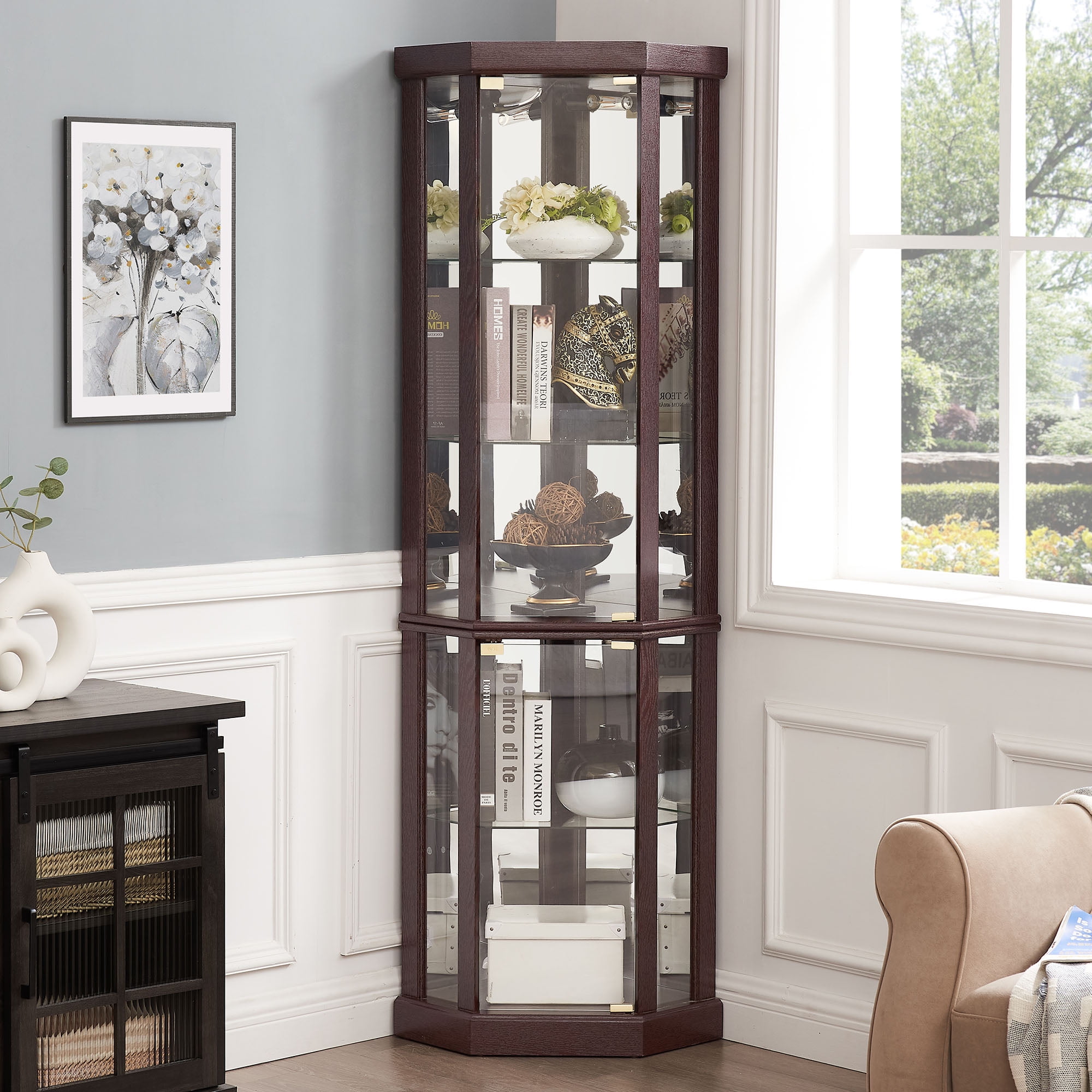 Corner Glass Curio Cabinet with Light Mirrored Back Adjustable Shelves ...