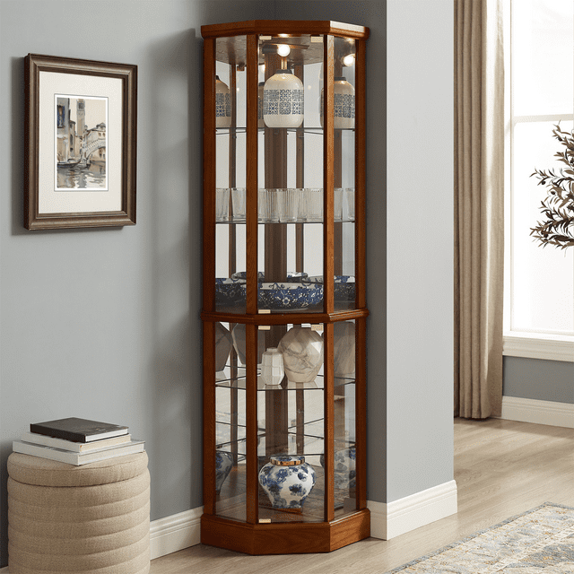 Corner Glass Display Cabinet,6 Shelf Lighted Corner Curio Cabinet with ...