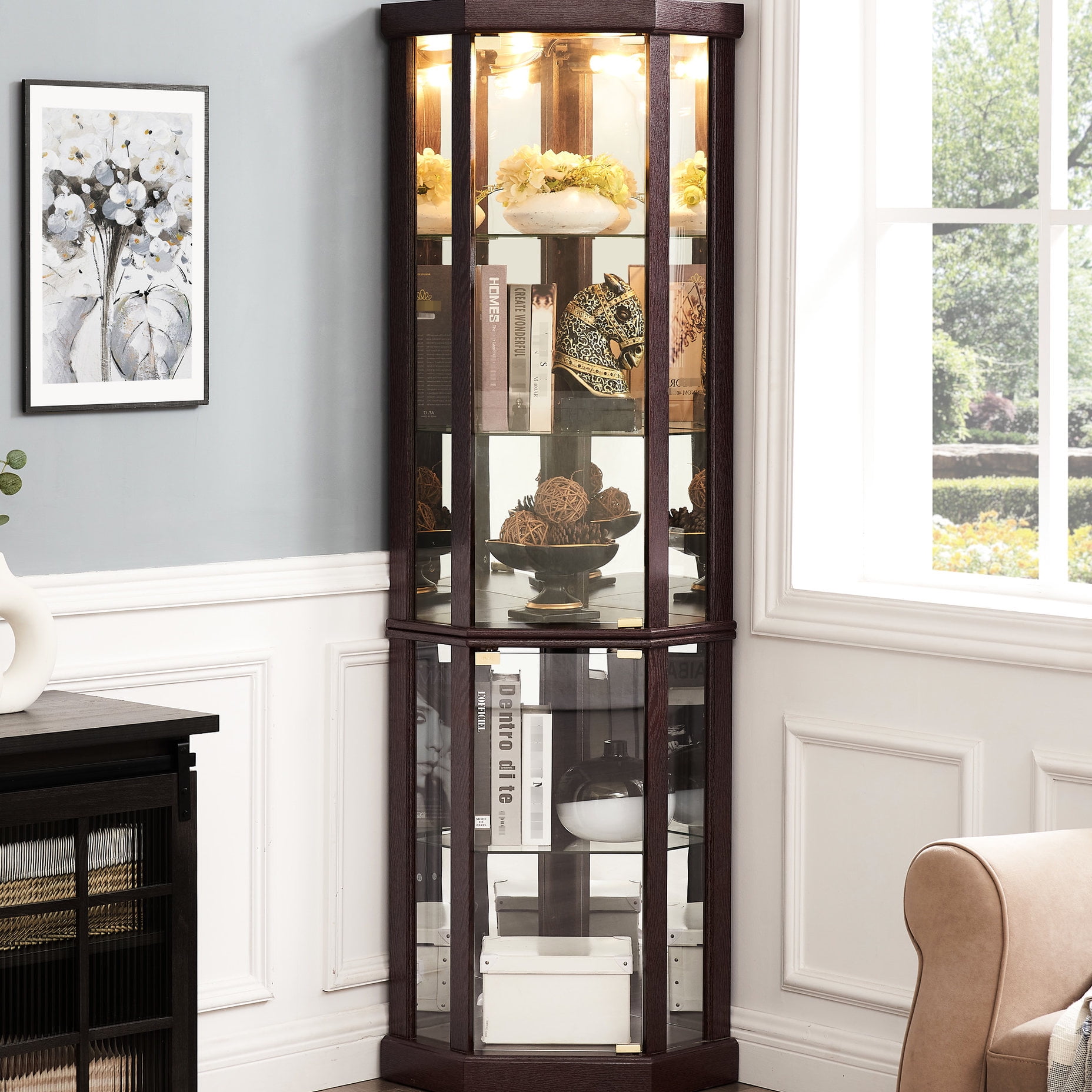 Corner Glass Showcase with Lights | Illuminate Items in Elegant Setting | American Classical MDF ...