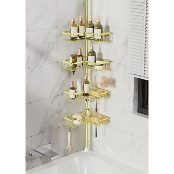 Corner Gold Shower Caddy Tension Pole - 4-Tier Rustproof Shower Rod ...