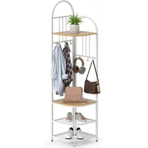 Corner Hall Tree, 71" Corner Coat Rack w/Shoe Storage Bench, 6 ...