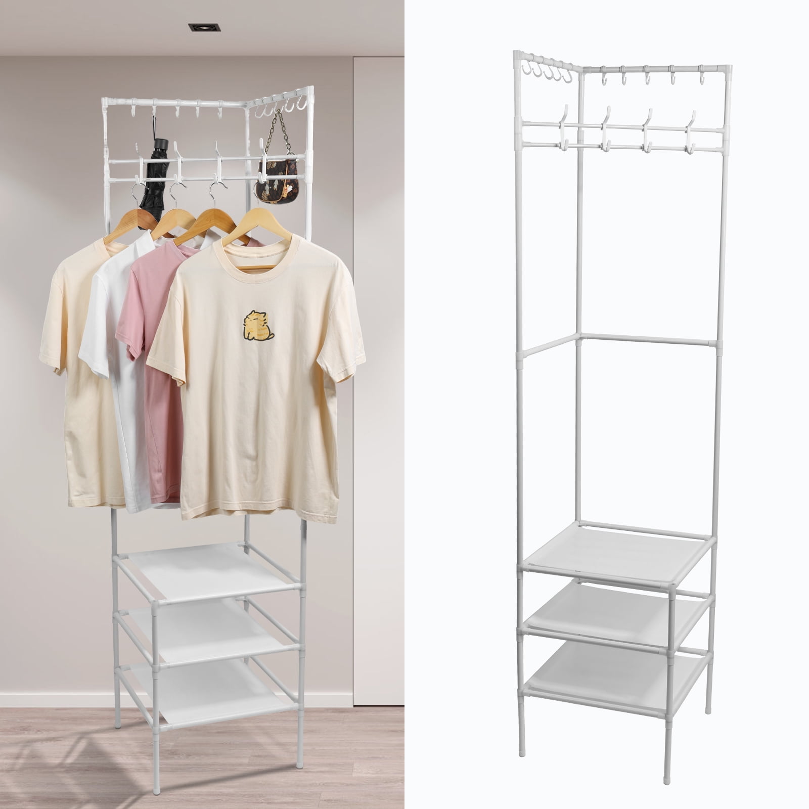 Corner Hall Tree Freestanding Coat Rack with 3 Tier Shoes Rack Storage ...
