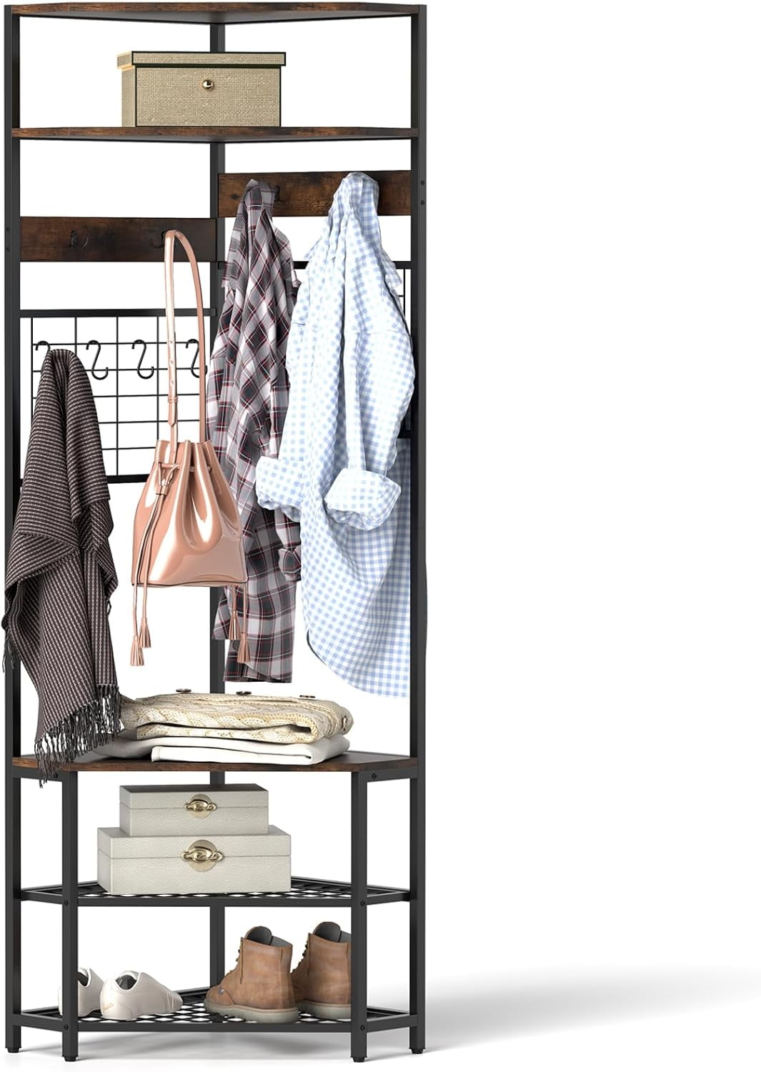 Corner Hall Tree with Shoe Bench, 72 Inch Tall Entryway Coat Rack with ...
