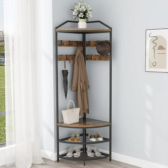 Corner Hall Tree with Shoe Bench Entryway Coat Rack with 10 Metal ...