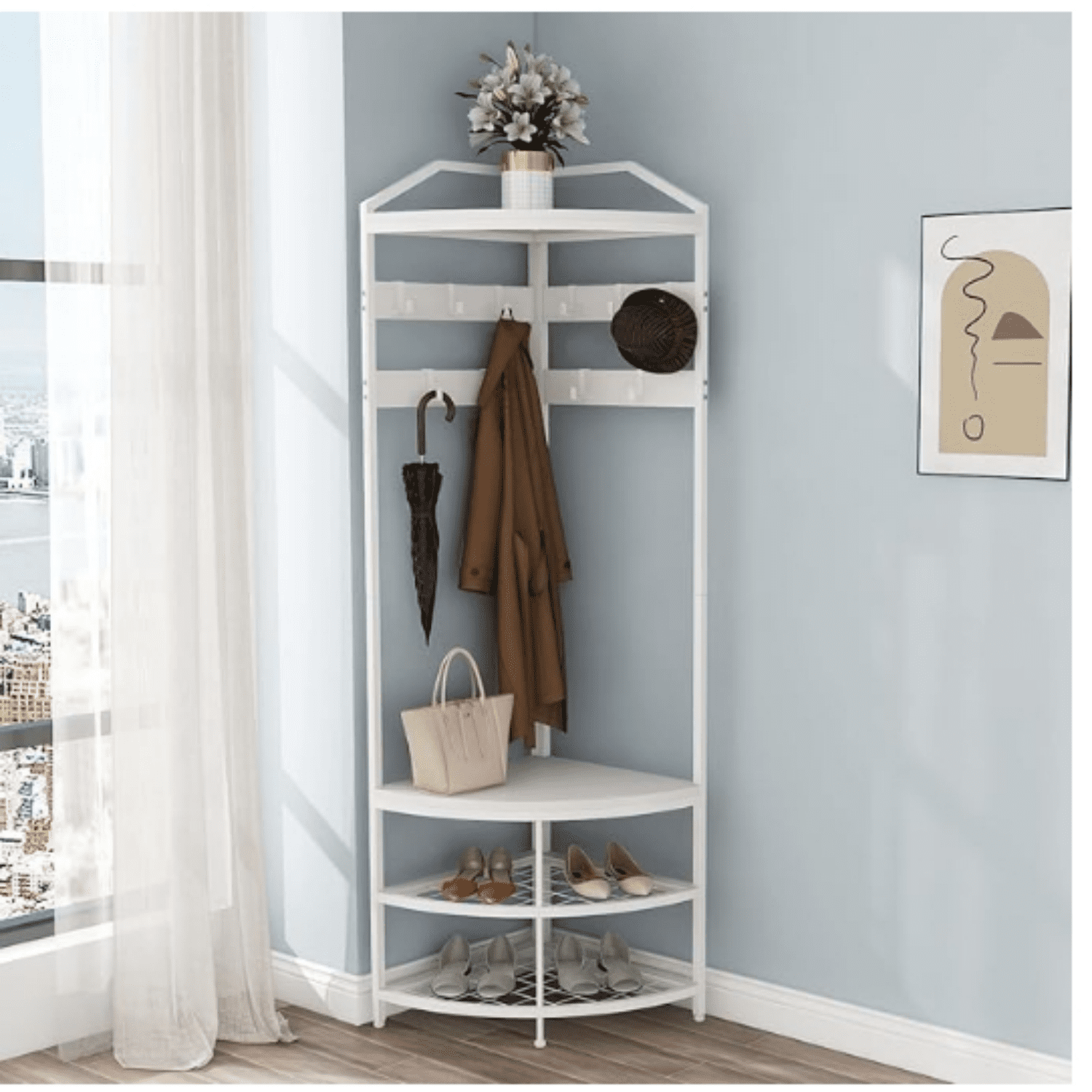 Corner Hall Tree with Shoe Bench Entryway Coat Rack with 10 Metal vable ...