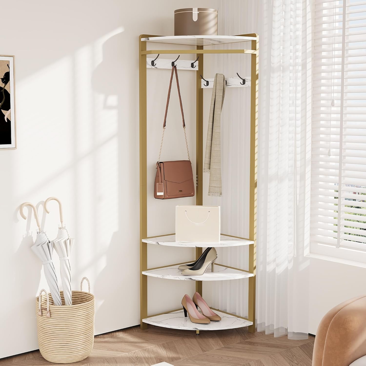 Corner Hall Tree with Shoe Bench,Entryway Coat Rack with 6 Double Hooks ...