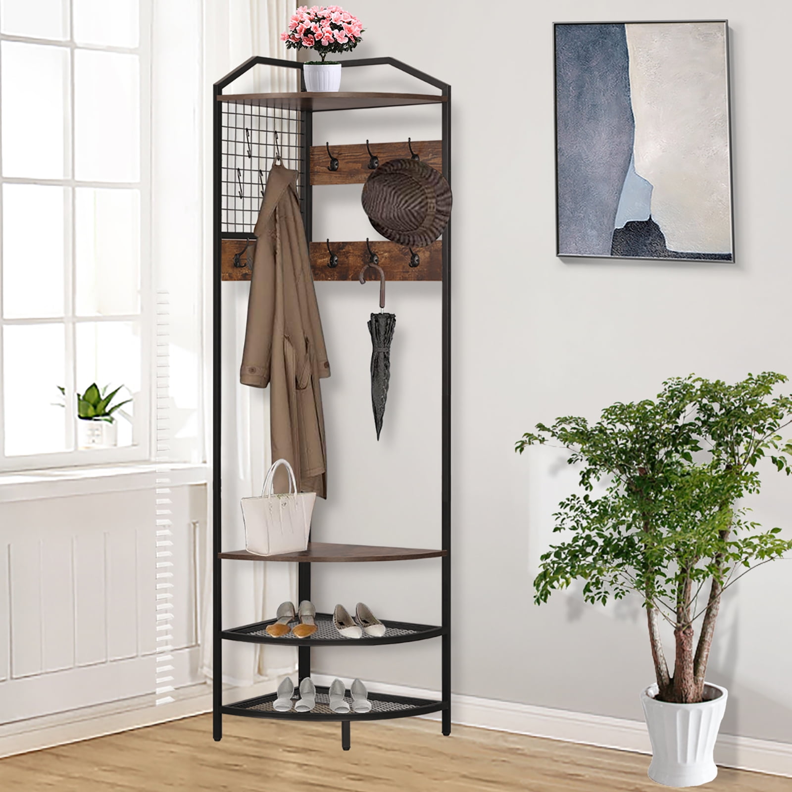 Corner Hall Tree with Shoe Bench, Industrial Corner Clothes Rack with ...