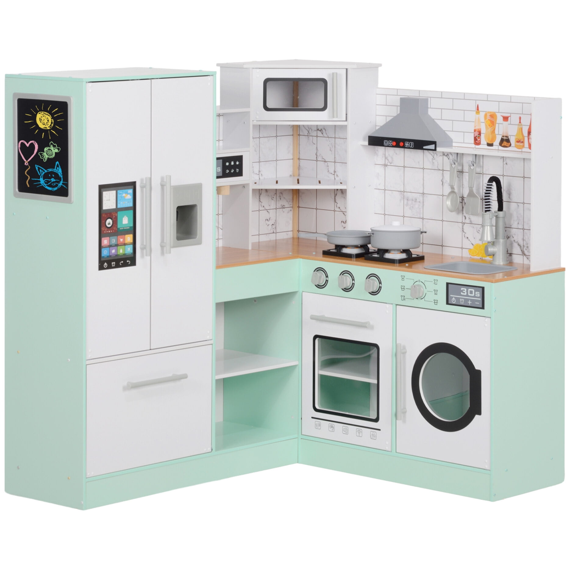 Corner Kids Kitchen Playset, Play Kitchen with Chalkboard, Range Hood ...