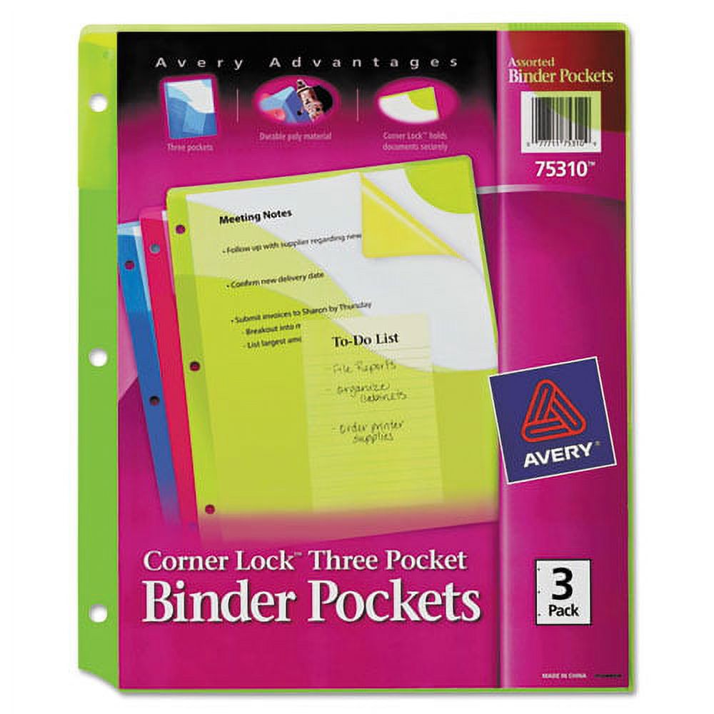"Corner Lock Three-Pocket Binder Pocket, 9.25 x 11.25, Assorted Color ...