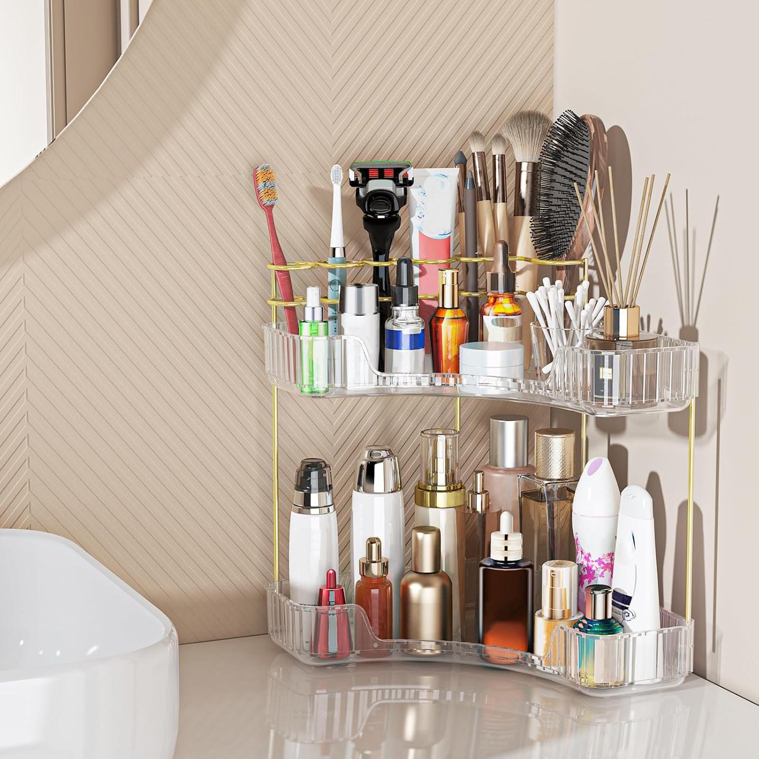 Corner Makeup Organizer for Vanity, 2 Tier Bathroom Cosmetics Organizer ...