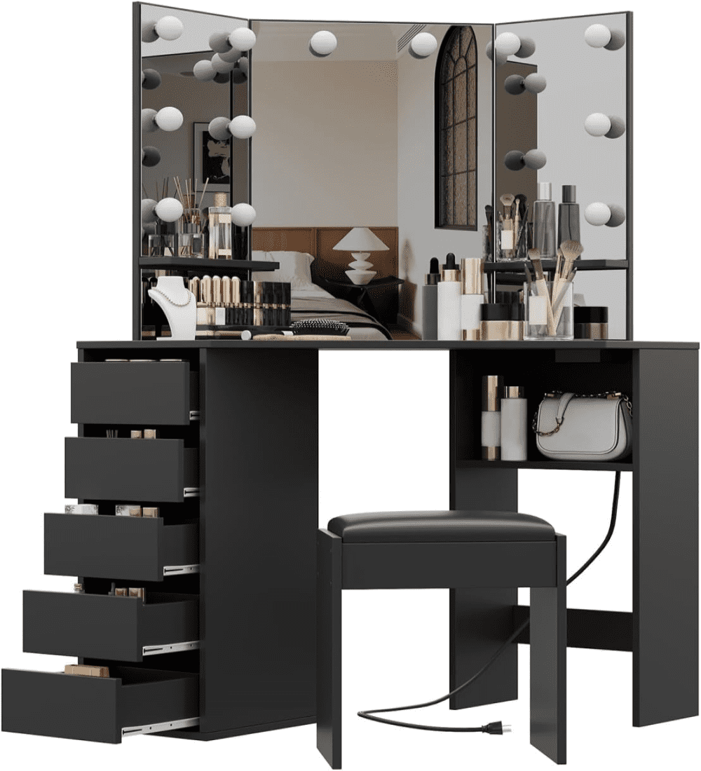 Corner Makeup Table,Vanity Desk with Mirror And Lights,Dressing Tables ...