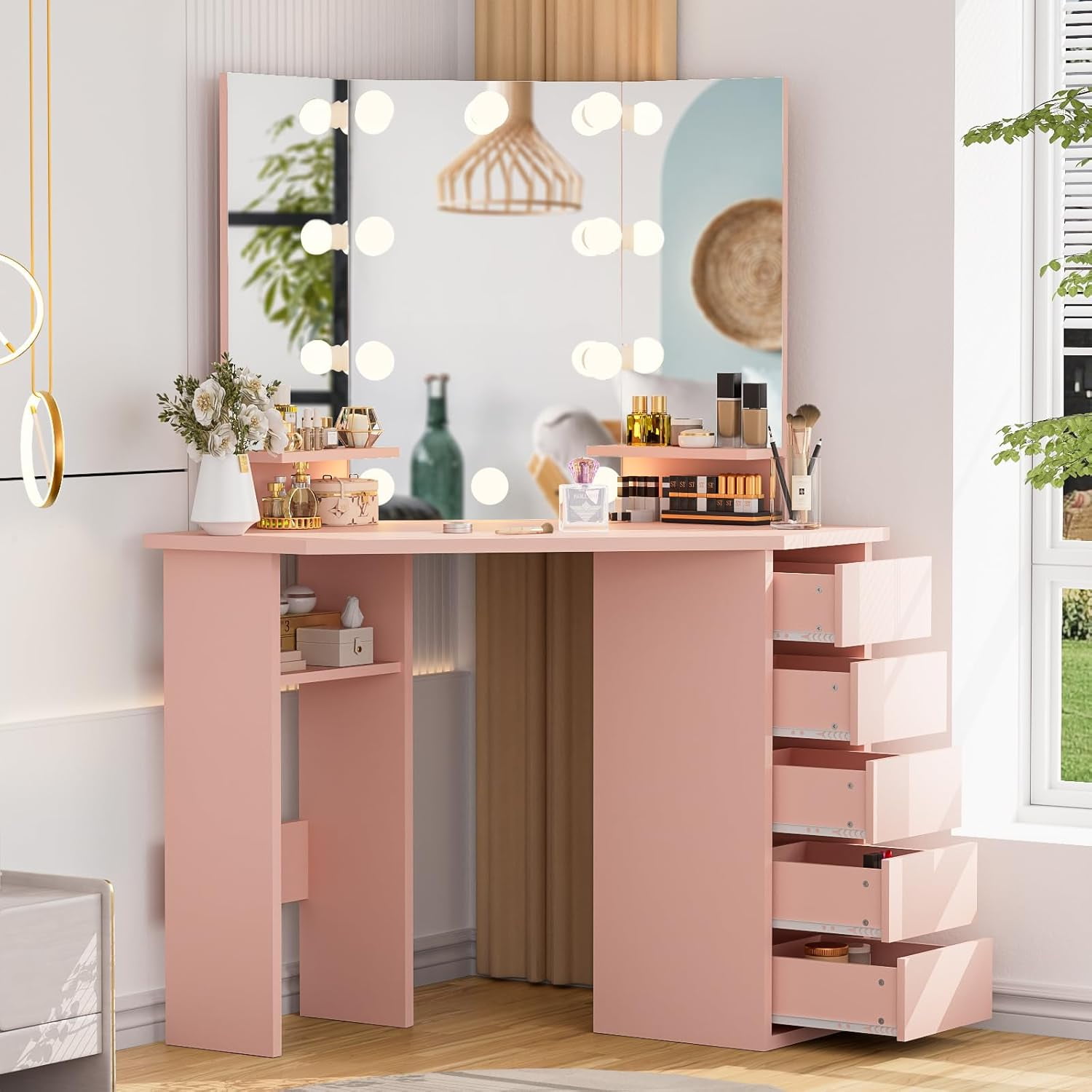 Corner Makeup Vanity Desk with Mirror and Lights, Makeup Vanity ...