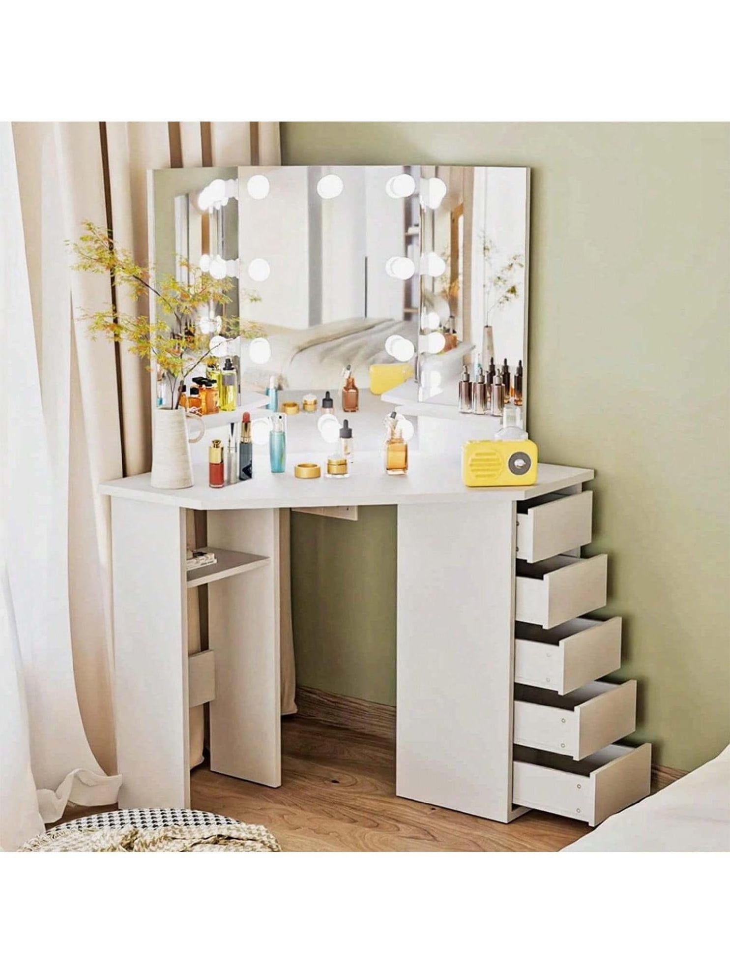Corner Makeup Vanity Desk With Mirror And Lights - White Vanity Table ...
