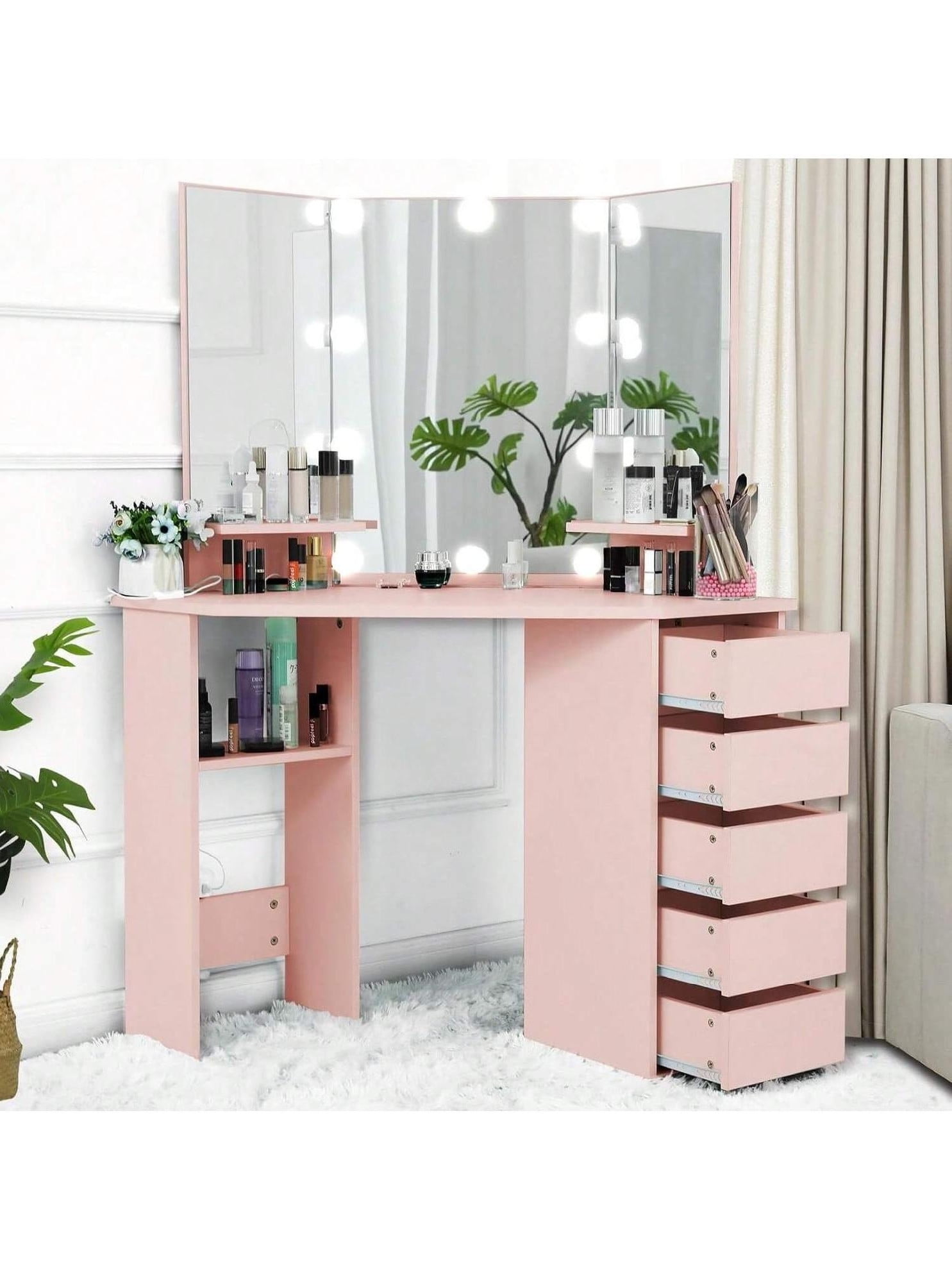 Corner Makeup Vanity Desk With Mirror And Lights - White Vanity Table ...