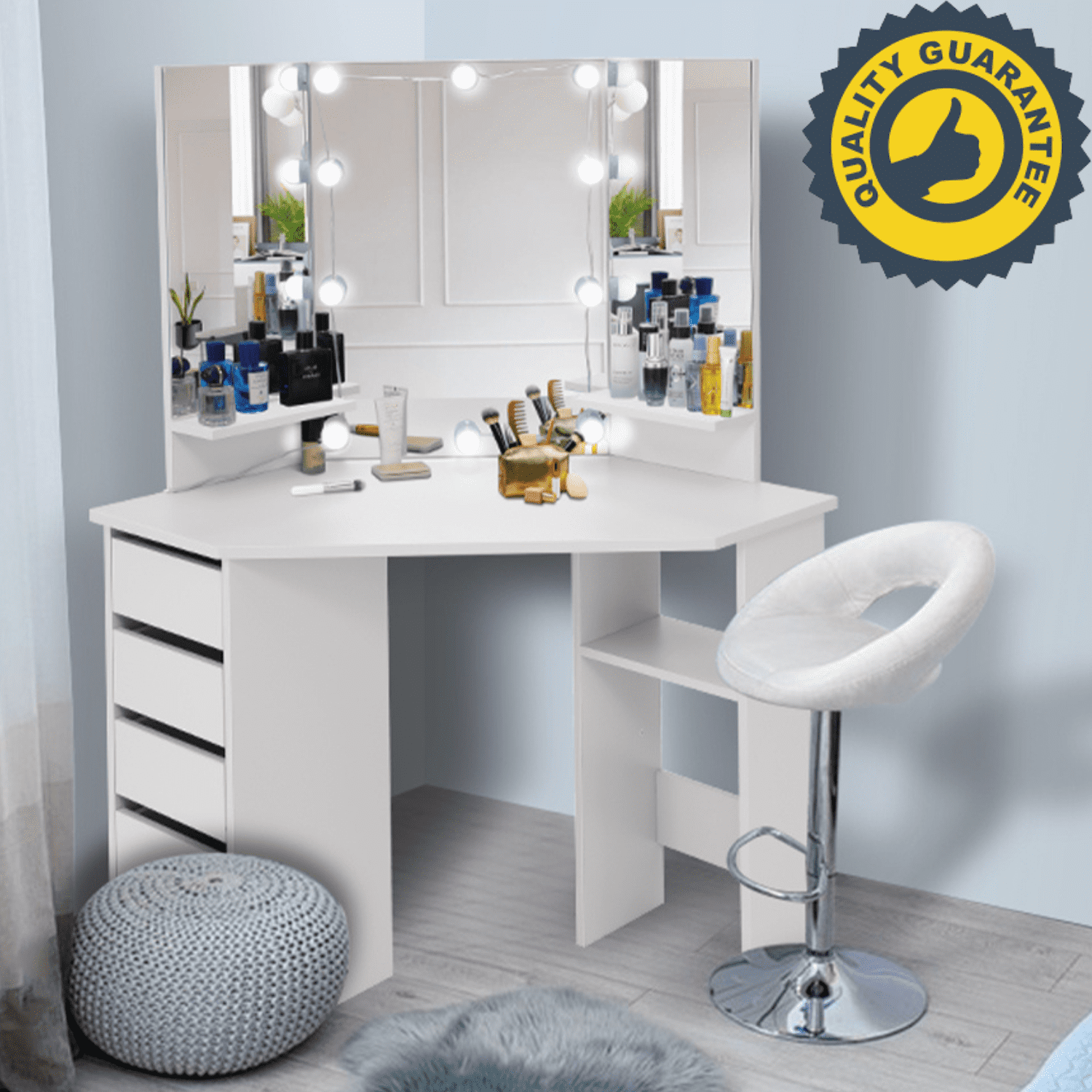 Corner Makeup Vanity Desk w/ Mirror and Lights 44'' Bedroom Vanity ...