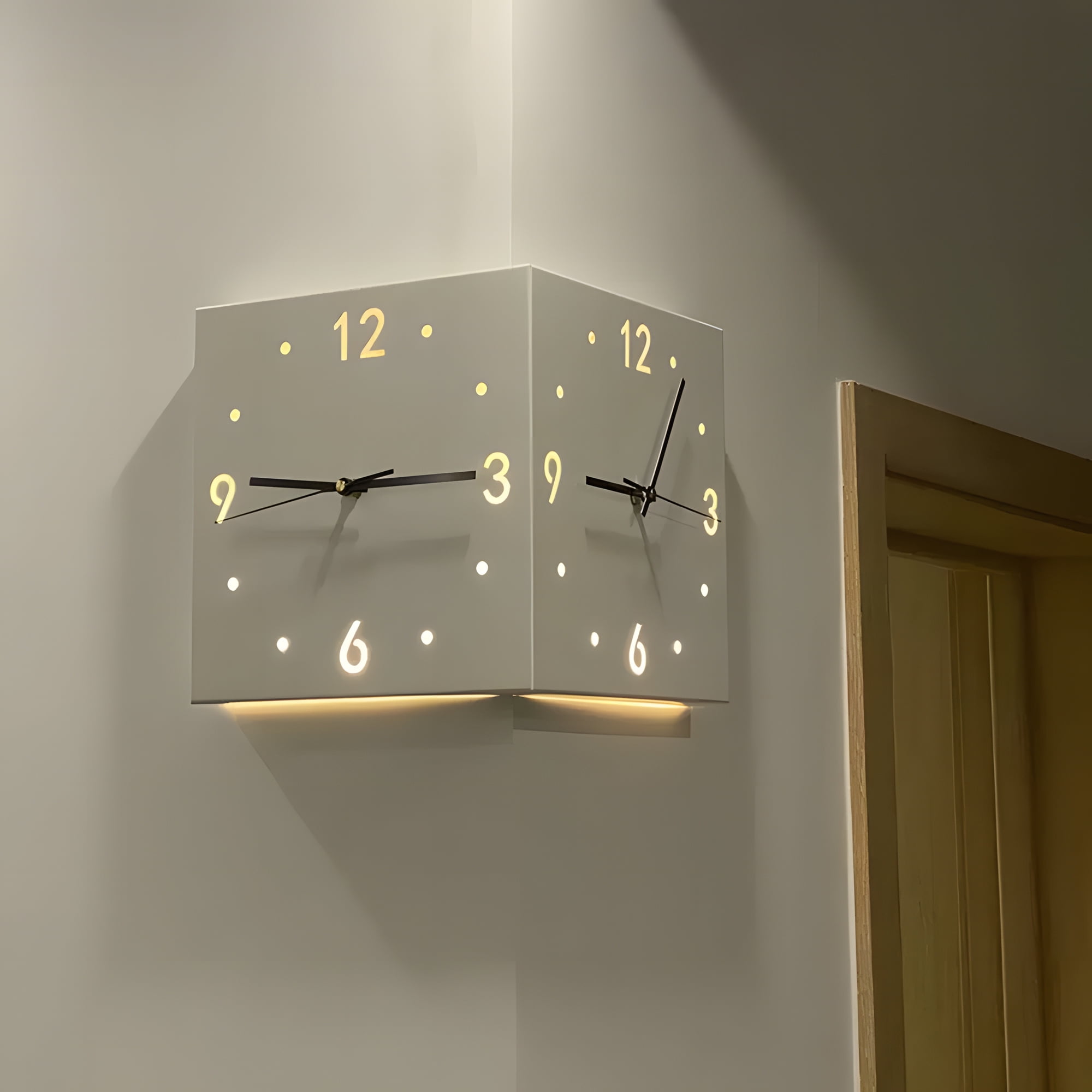 Corner Modern Wall Clock, Stylish Double-Sided Luminous Wall Clock ...