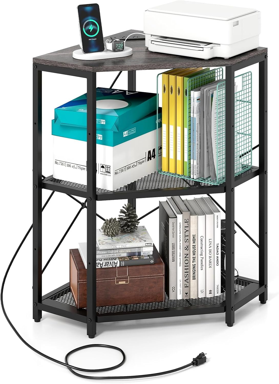 Corner Printer Stand with Power Outlet, 3-Tier Storage Rack with ...