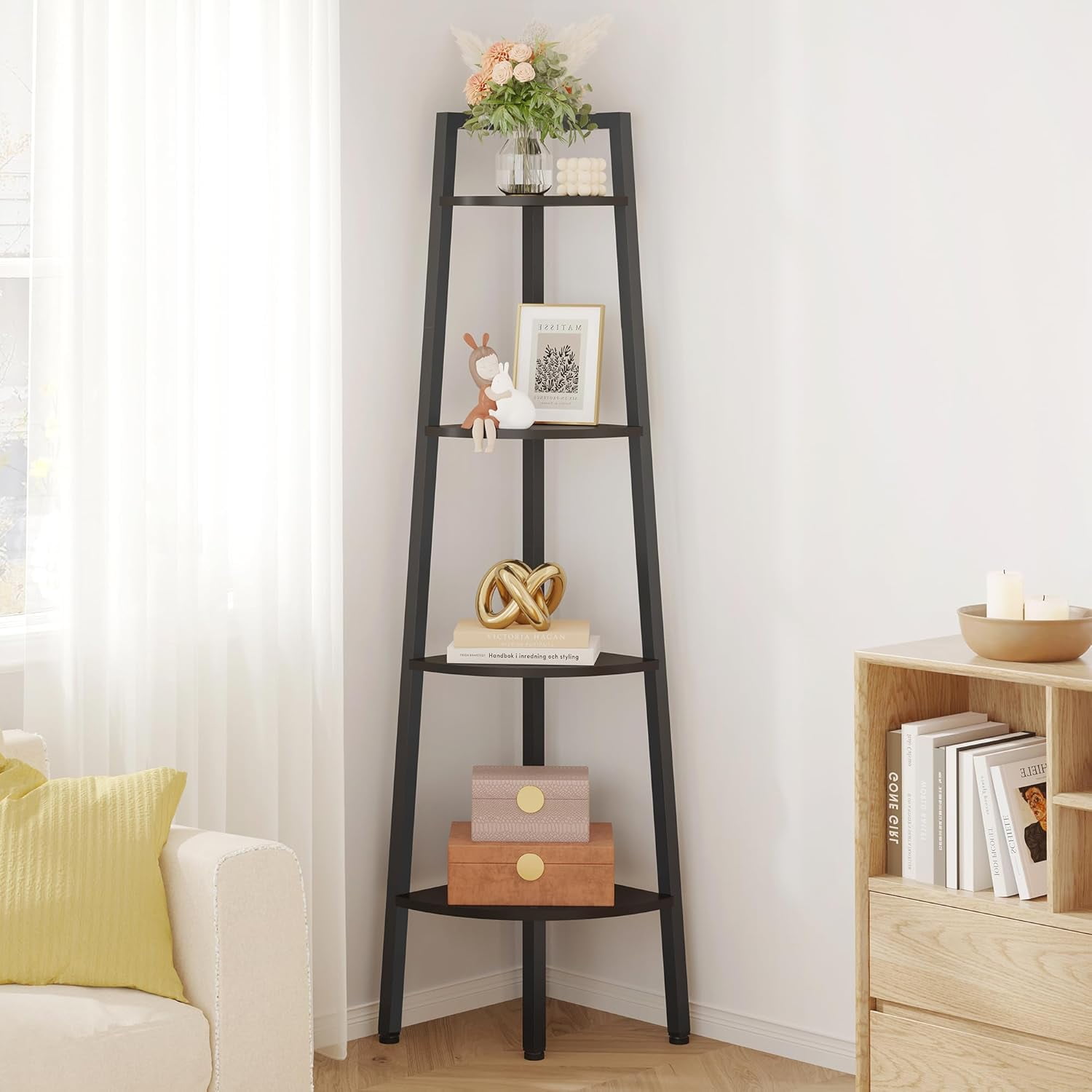 Corner Shelf, 4-Tier Corner Bookshelf, Rustic Ladder Shelf, Industrial ...