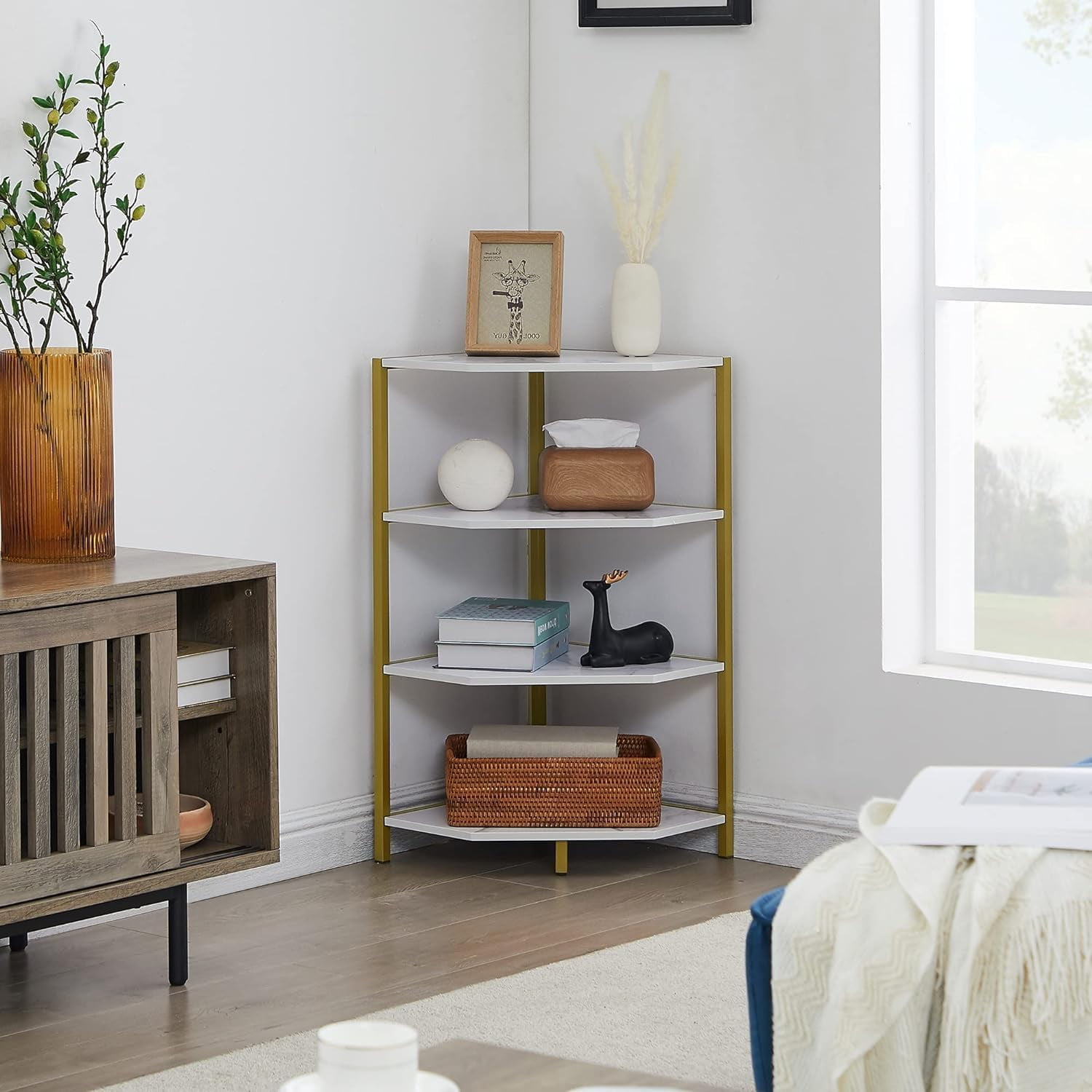 Corner Shelf, 4-Tier Display Shelves, Wood Storage Stand with Metal ...