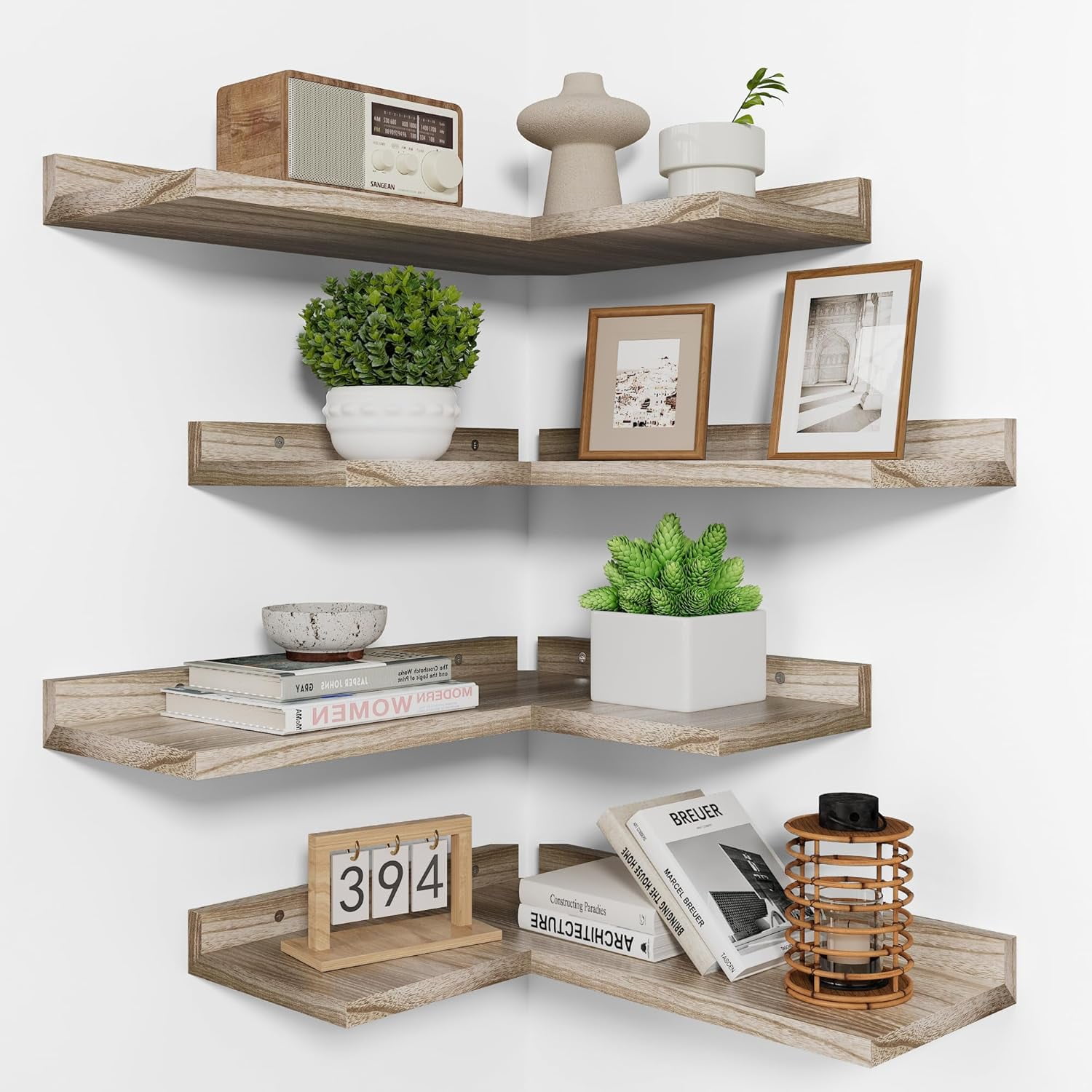 Corner Shelf 4 Tier, Natural Wood Floating Shelves with Cut-Out Notch ...
