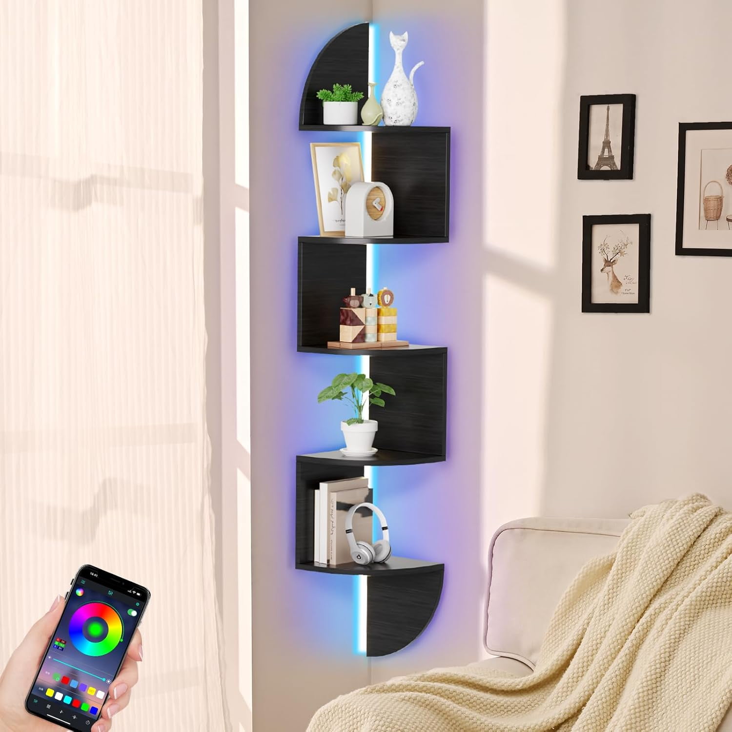 Corner Shelf, 5 Tier Bookshelf with LED Light, Corner Shelf Wall ...