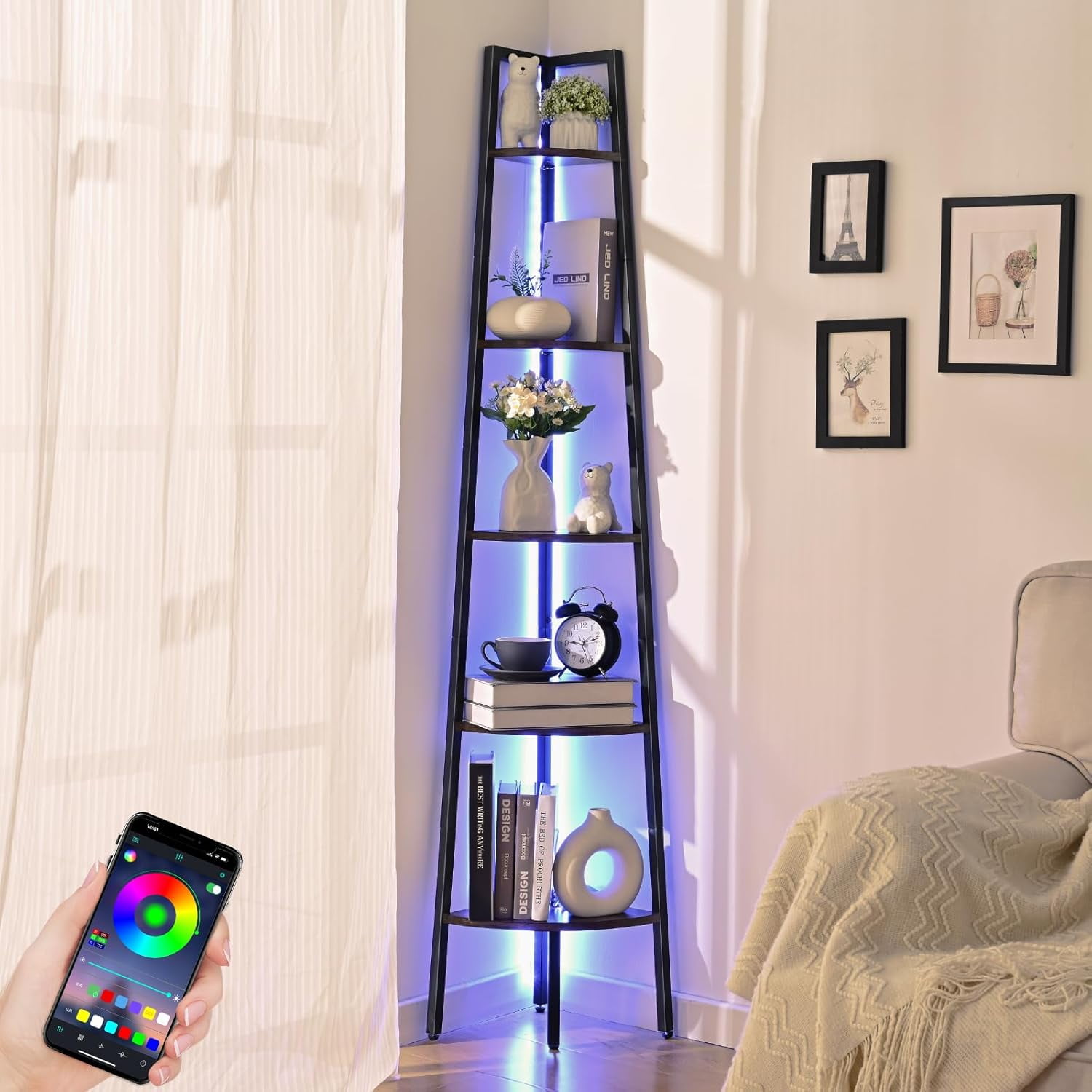 Corner Shelf, 5-Tier Corner Bookshelf with LED Light, 67.5in Corner ...
