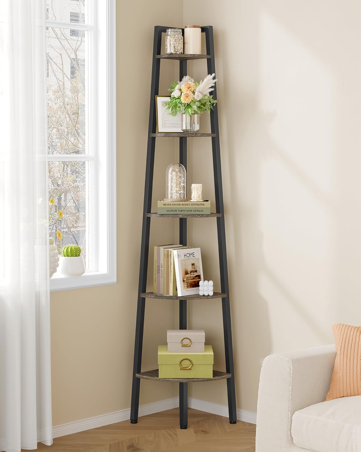 Corner Shelf, 5-Tier Corner Bookshelf, Rustic Ladder Shelf, Industrial ...