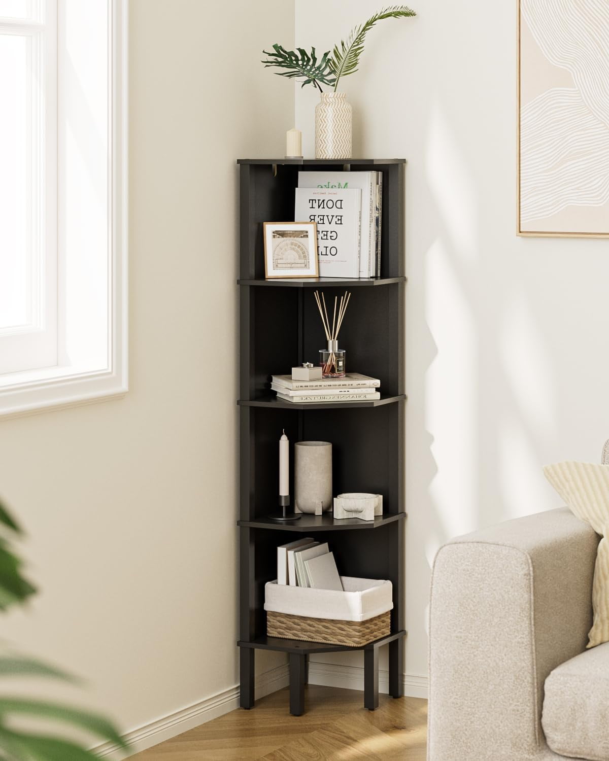Corner Shelf, 5 Tier Corner Bookshelf, Wall Corner Bookshelf for Small ...