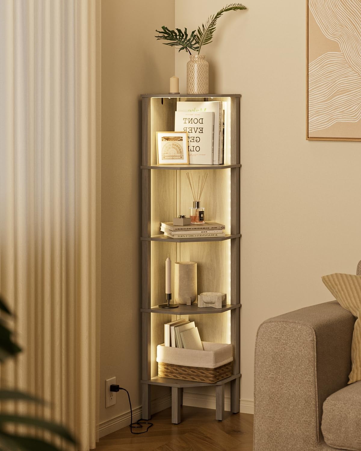 Corner Shelf, 5 Tier Corner Bookshelf with LED Light, Wall Display ...