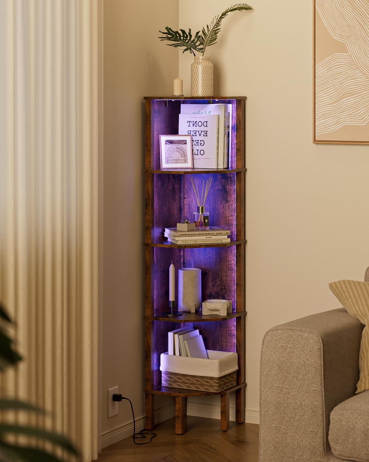 Corner Shelf, 5 Tier Corner Bookshelf with LED Light,Wall Display ...