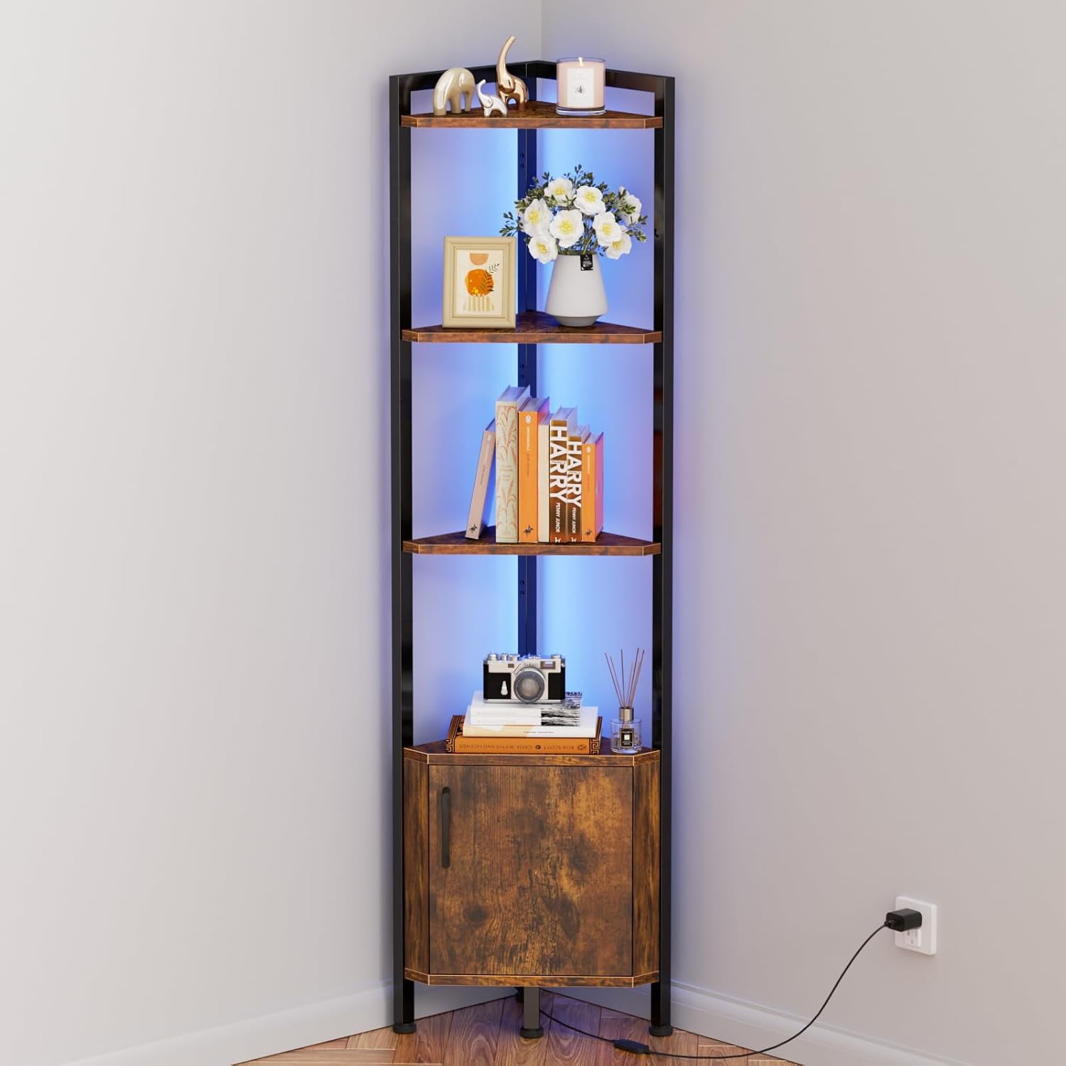 Corner Shelf,5-Tier Corner Cabinet with Storage and LED Light, 62.8 ...