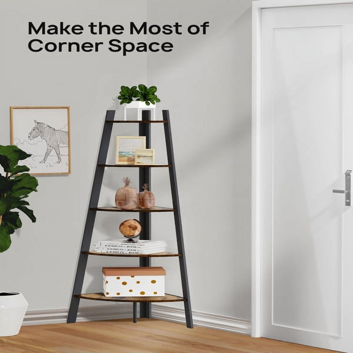 Corner Shelf, 5 Tier Corner Shelf Tall Rustic Multipurpose Bookshelf ...