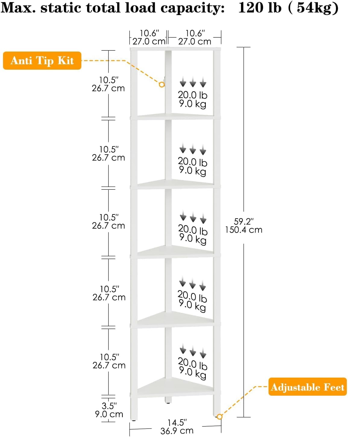 Corner Shelf, 6-Tier Corner Bookshelf, Narrow Display Shelf with ...