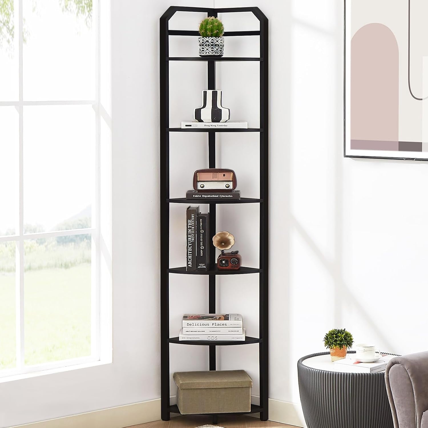 Corner Shelf,6 Tier Industrial Corner Bookshelf, Freestanding Shelf ...