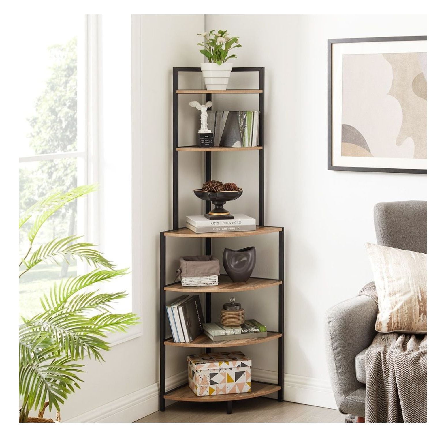 Corner Shelf 6 Tier, Ladder Bookshelf Bookcase for Living Room, Kitchen ...