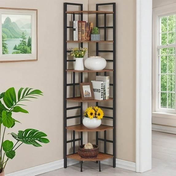 Corner Shelf, 6 Tier Tall Narrow Bookshelf 76.9", Industrial Corner ...