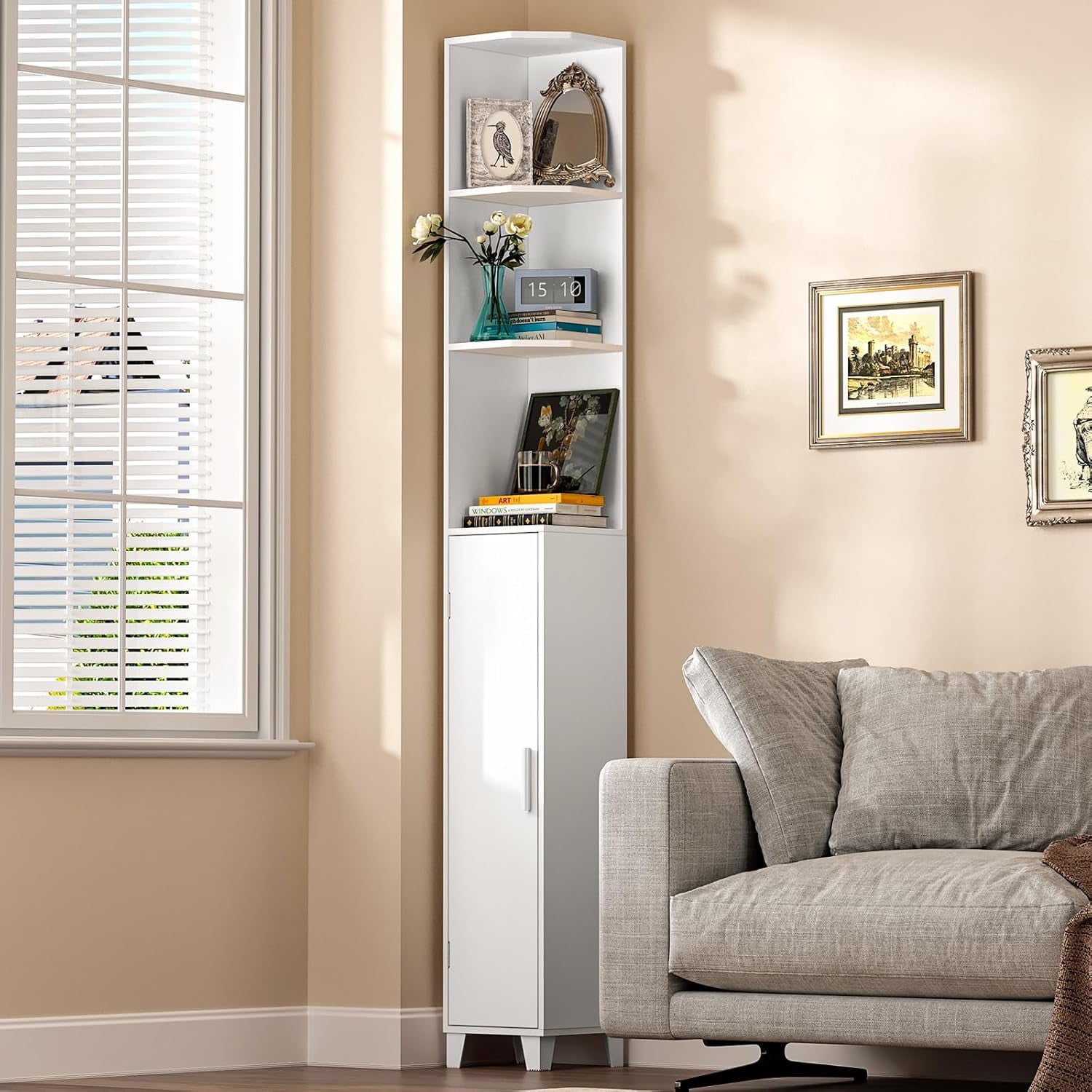 Corner Shelf with Cabinet, 74.8" Tall Corner Cabinet with Door, 5-Tier ...