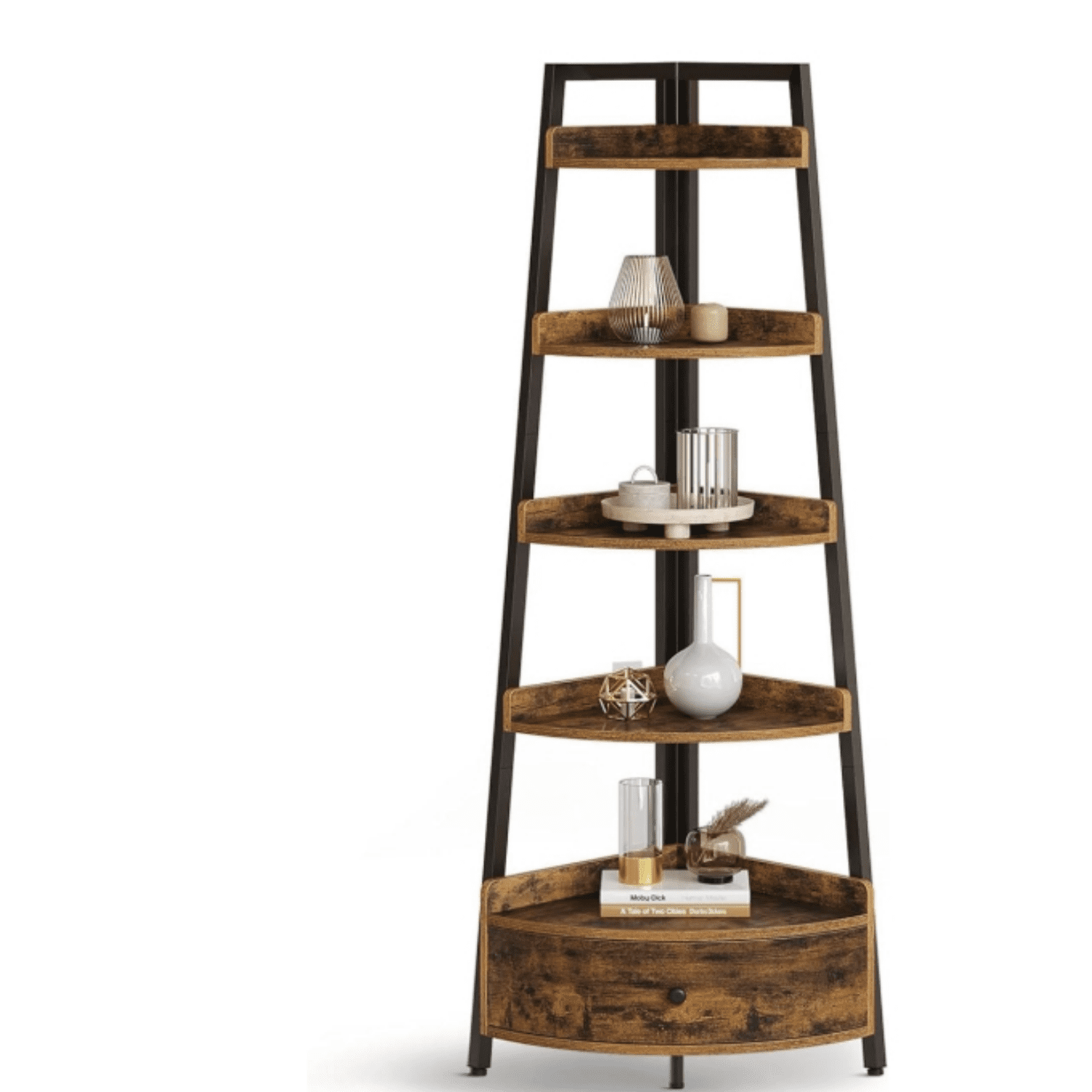 Corner Shelf with Drawer, 5-Tier Corner Bookshelf, Freestanding Corner ...