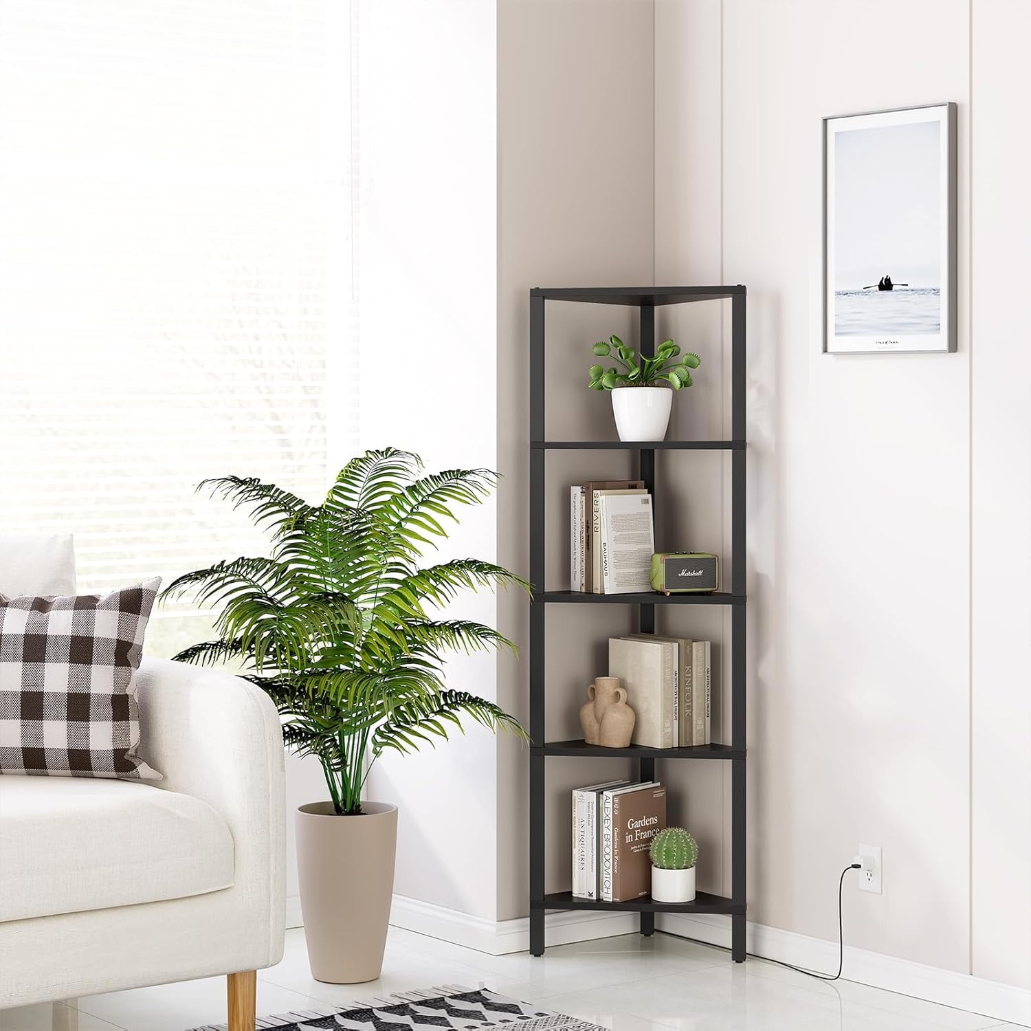 Corner Shelf with LED Light, 5-Tier Corner Bookshelf for Small Space ...