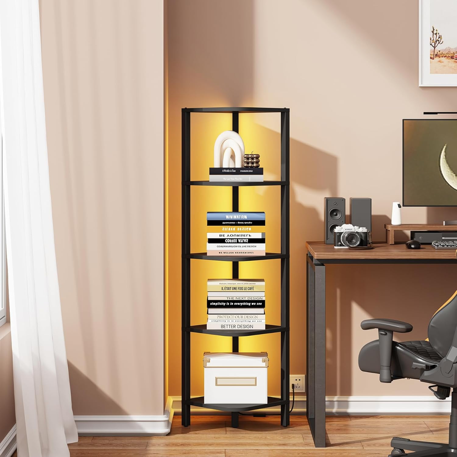 Corner Shelf with LED Light, 5-Tier Corner Bookshelf for Small Space ...