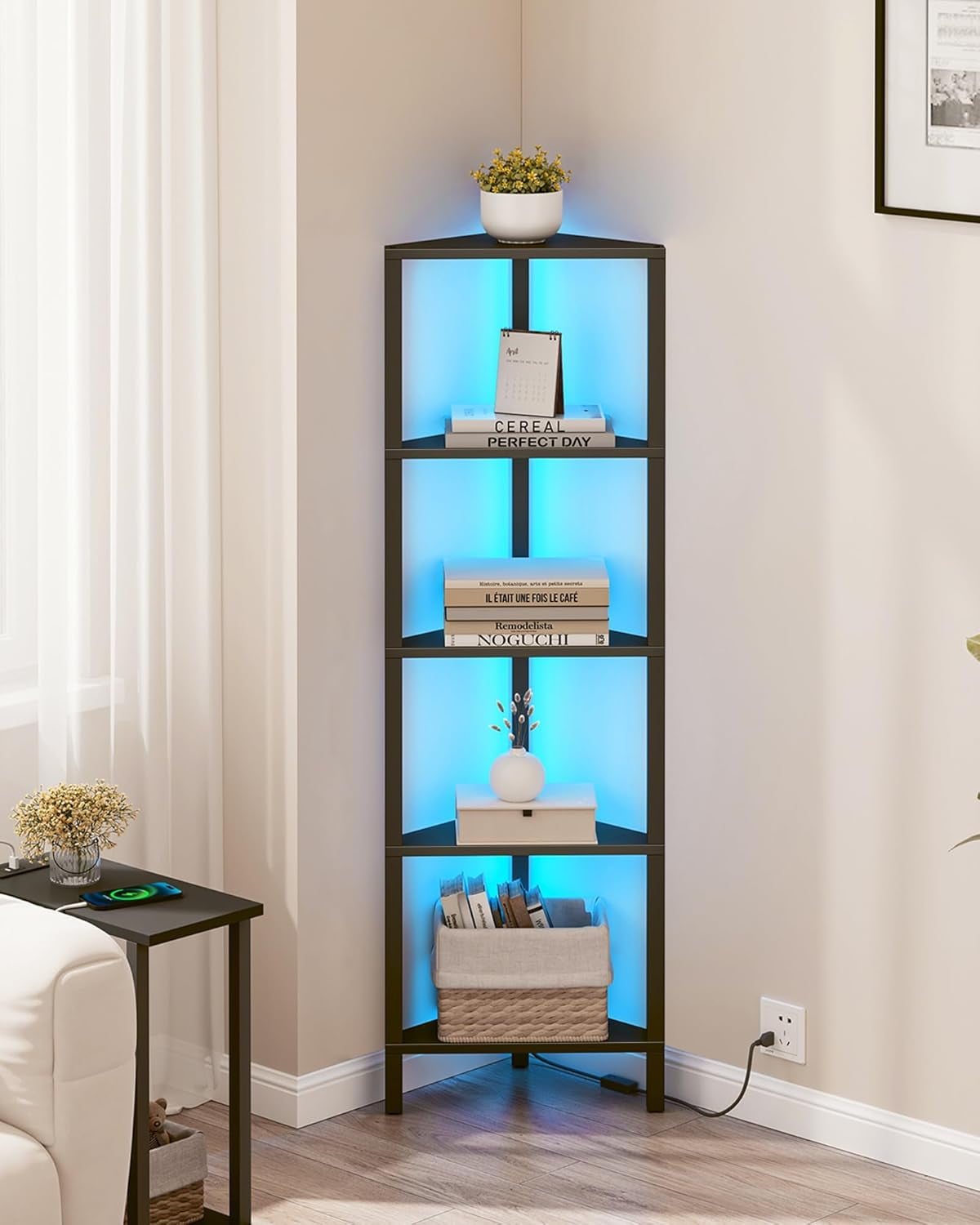 Corner Shelf with LED Light, 5-Tier Corner Bookshelf for Small Space ...