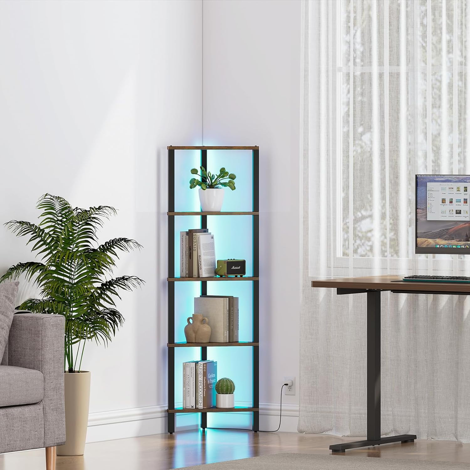 Corner Shelf with LED Light, 5-Tier Corner Bookshelf for Small Space ...