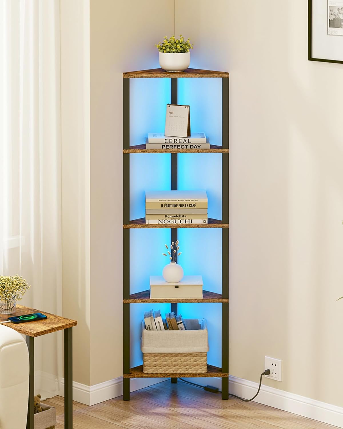 Corner Shelf with LED Light, 5-Tier Corner Bookshelf for Small Space ...